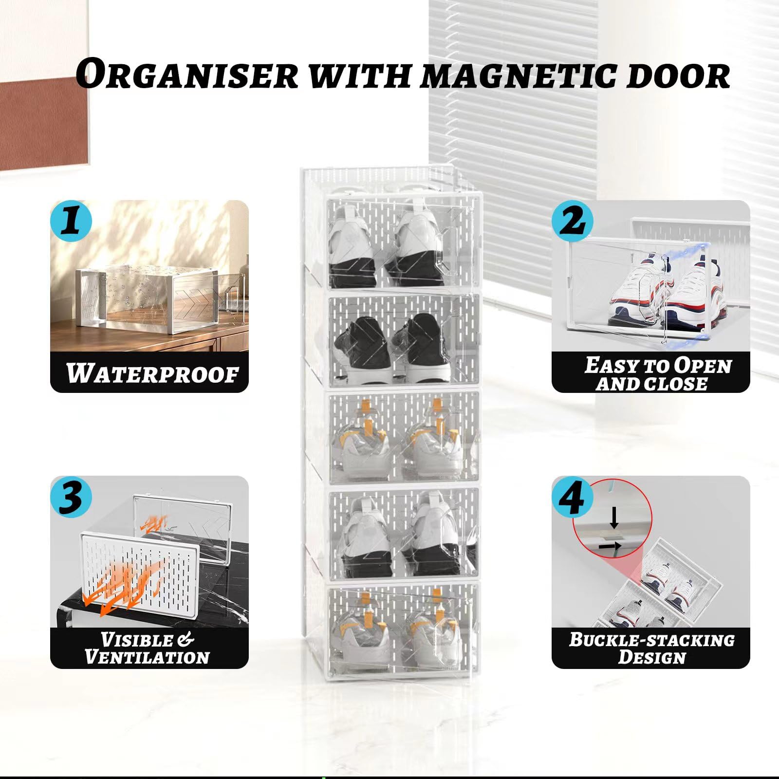 Large 12 Pack Shoe Storage Box,Clear Plastic Stackable Shoe Organizer for Closet,Space Saving Foldable Shoe Holders, Easy Assembly Shoe Storage Cabinet Shoes Display Case Shoe Container Bins