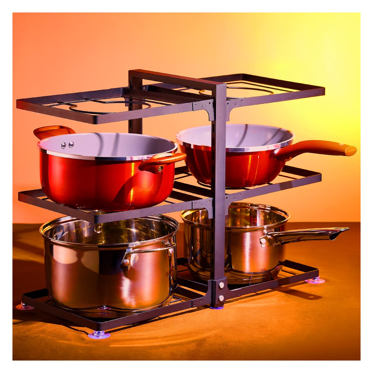 HOYRR Pots and Pans Organizer,Pot Organizer Rack For Under Cabinet,Pan Organizer,6 Tier Bilateral Adjustable Pot Rack,Pot and Pan Organiser For Kitchen Organisation and Storage.(Black)