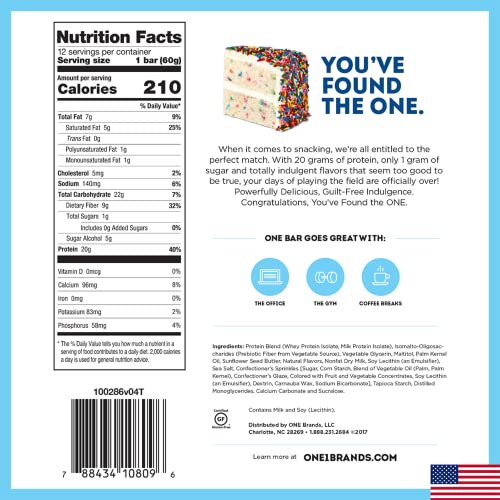 ONE Protein Bars, Birthday Cake, Gluten Free Protein Bars with 20g Protein and only 1g Sugar, Guilt-Free Snacking for High Protein Diets, 2.12 Oz, 12 Count