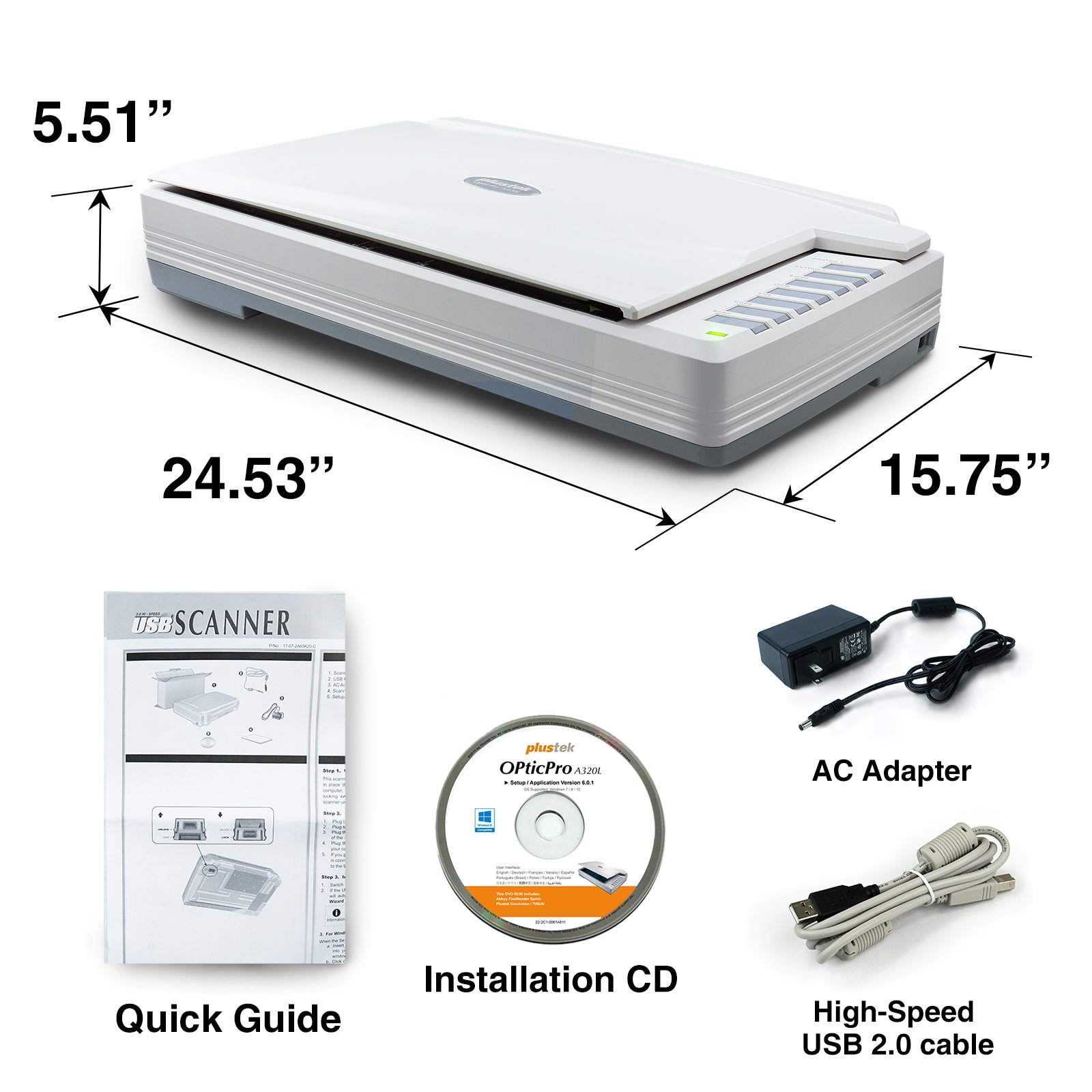 Plustek OpticPro A320L - A3 CCD Graphic Flatbed Scanner, 1600 dpi Resolution with Dual Light Design. Suitable for Graphic Design, Artwork and Artists. Support Mac, Windows, Twain and ICA