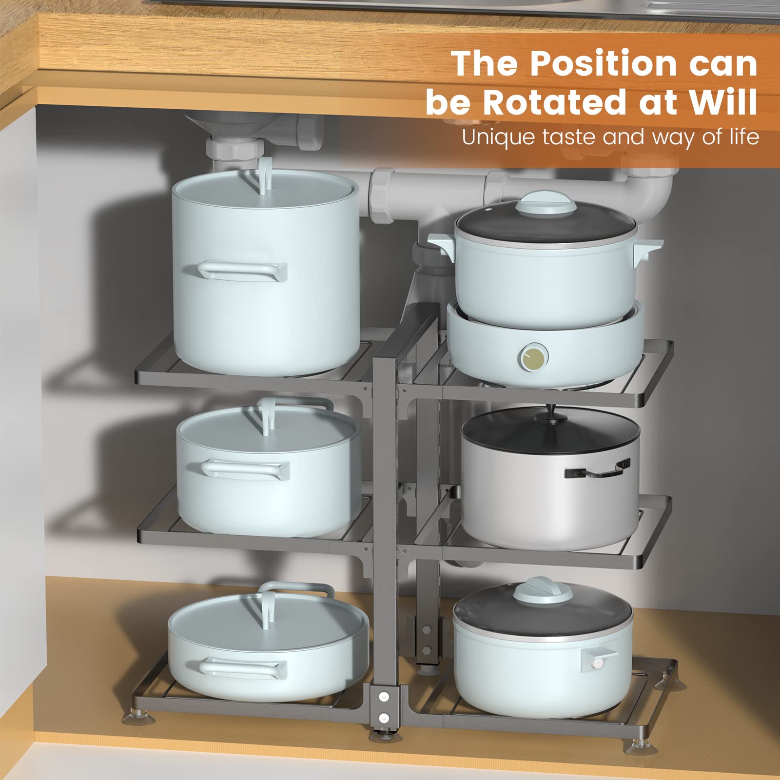 HOYRR Pots and Pans Organizer,Pot Organizer Rack For Under Cabinet,Pan Organizer,6 Tier Bilateral Adjustable Pot Rack,Pot and Pan Organiser For Kitchen Organisation and Storage.(Black)