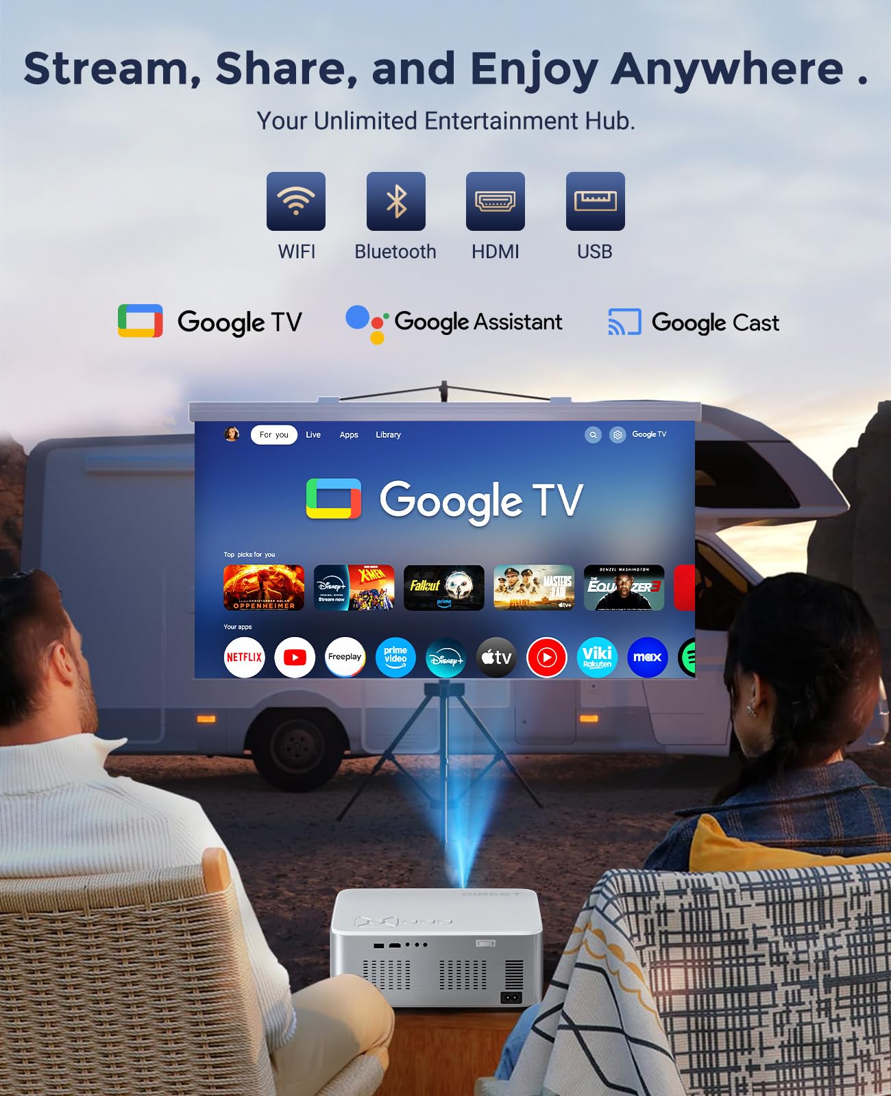 4K Support Android TV 10.0 Projector 5G WiFi Bluetooth Native 1080P, CIBEST Full-Sealed Optical Engine Home Movie FHD Projector with Netflix/Prime Video Built-in, 8000+ Apps, Autofocus, Stereo Sound