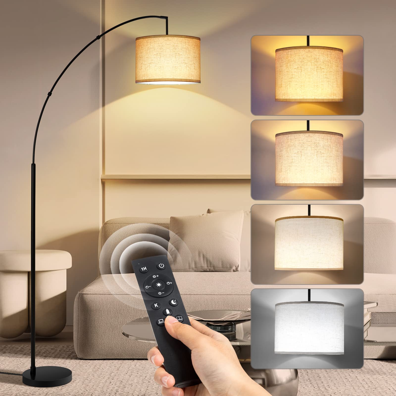 OUTON Arc Floor Lamp with Remote Control, 81" Height Dimmable LED Floor Lamp with Stepless Color Temperature, Tall Standing Lamp with Adjustable Hanging Drum Beige Shade for Living Room, Bedroom