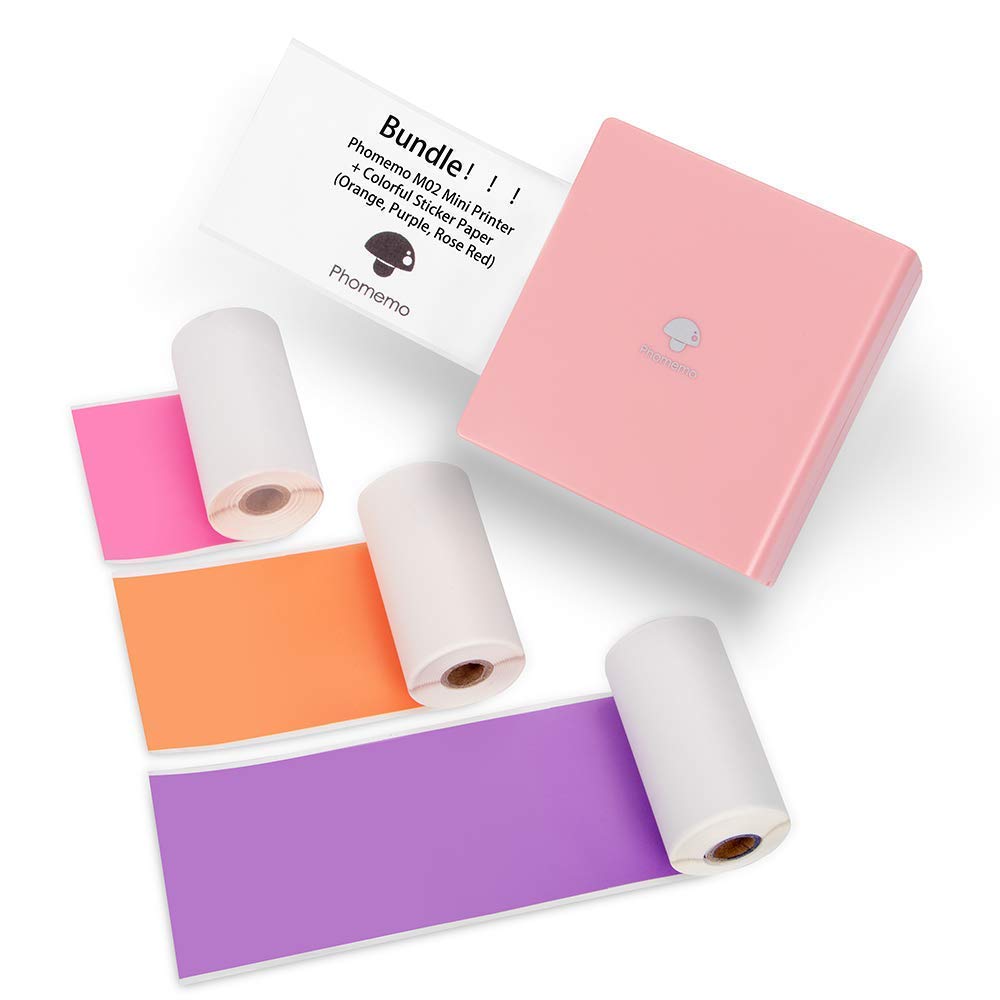 Phomemo M02 Mini Printer- Bluetooth Thermal Photo Printer with 3 Rolls Colorful Sticker Paper, Compatible with iOS + Android for Plan Journal, Study Notes, Art Creation, Work, Gift