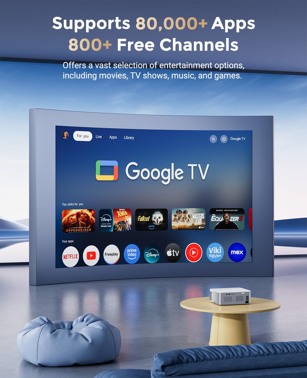 4K Support Android TV 10.0 Projector 5G WiFi Bluetooth Native 1080P, CIBEST Full-Sealed Optical Engine Home Movie FHD Projector with Netflix/Prime Video Built-in, 8000+ Apps, Autofocus, Stereo Sound