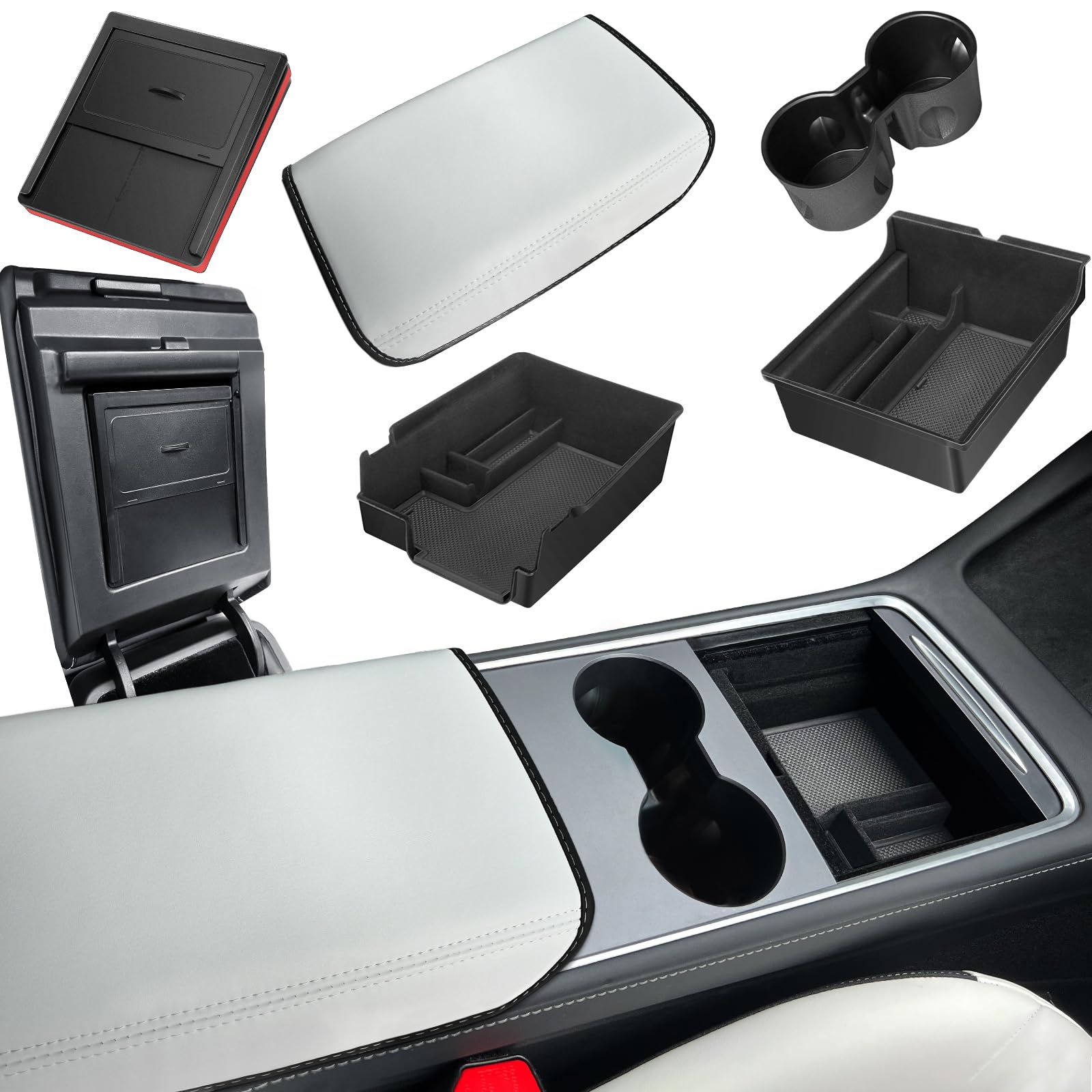 XINTUO (5 Pack 3PC Upgraded Center Console Organizer Tray Compatible for 2023 2022 2021 Tesla Model 3 Model Y Accessories Armrest Hidden Drawer Storage Box 1PC Cup Holder 1PC Armrest Cover Whiteg