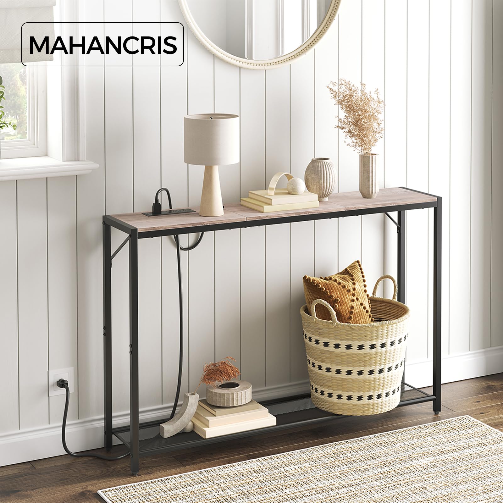 MAHANCRIS Sofa Table with Power Outlet, 43.7" Console Table with USB Ports, Behind Couch Table, Entryway Table for Living Room, Entryway, Foyer, Metal Frame, Adjustable Feet, Greige CTHG11E01Z1