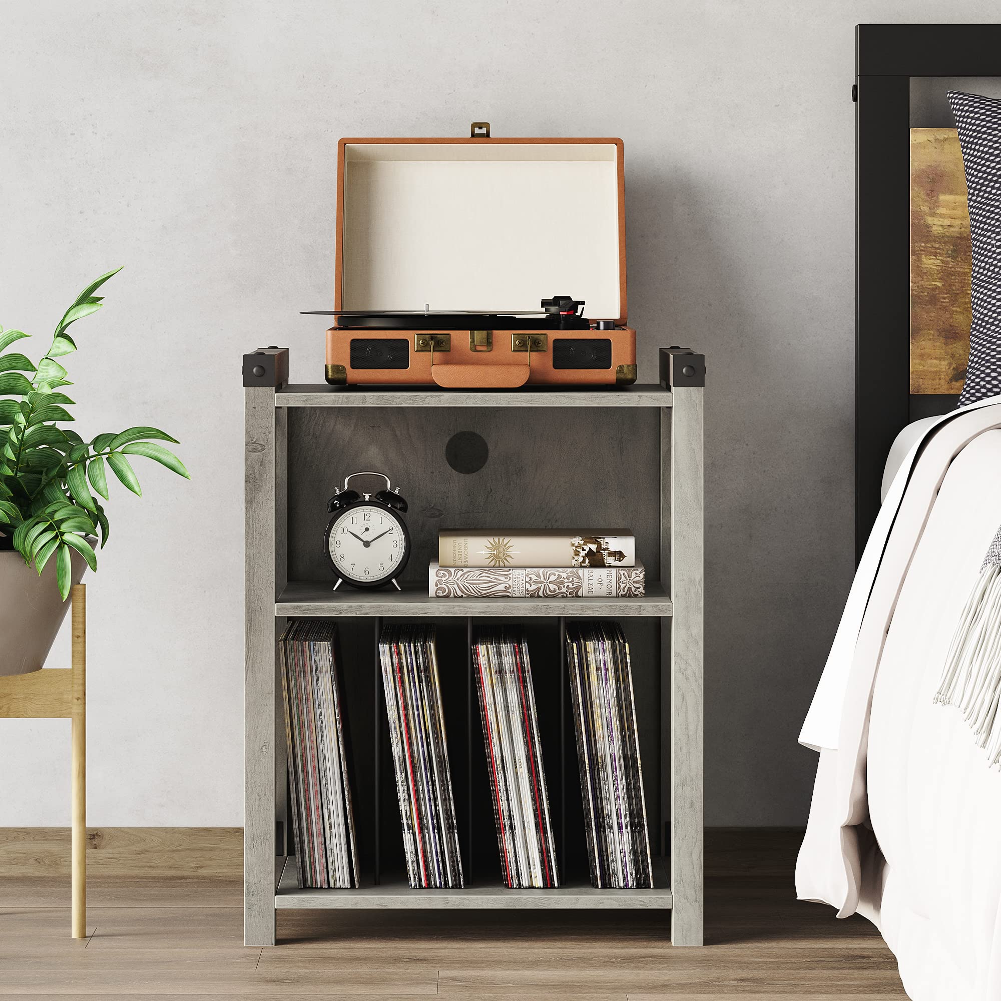 IDEALHOUSE Record Player Stand with Storage, Farmhouse Wooden Turntable Stand with X Metal Frame, 3-Tier Rustic Record Player Side Table for Living Room, Bedroom, Office - Grey