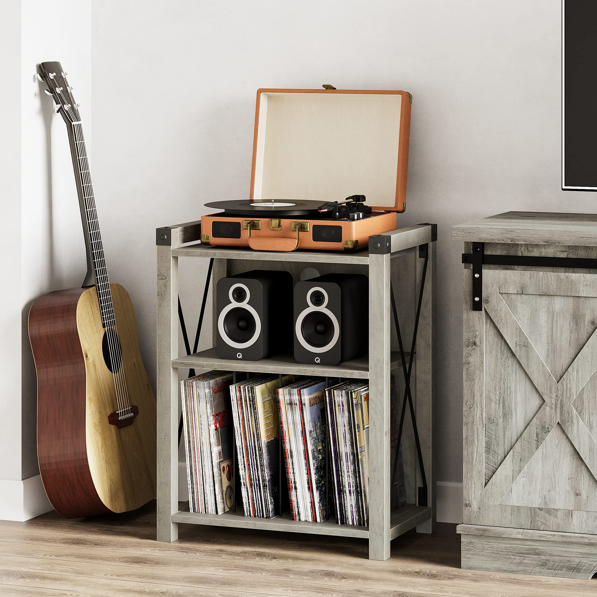 IDEALHOUSE Record Player Stand with Storage, Farmhouse Wooden Turntable Stand with X Metal Frame, 3-Tier Rustic Record Player Side Table for Living Room, Bedroom, Office - Grey