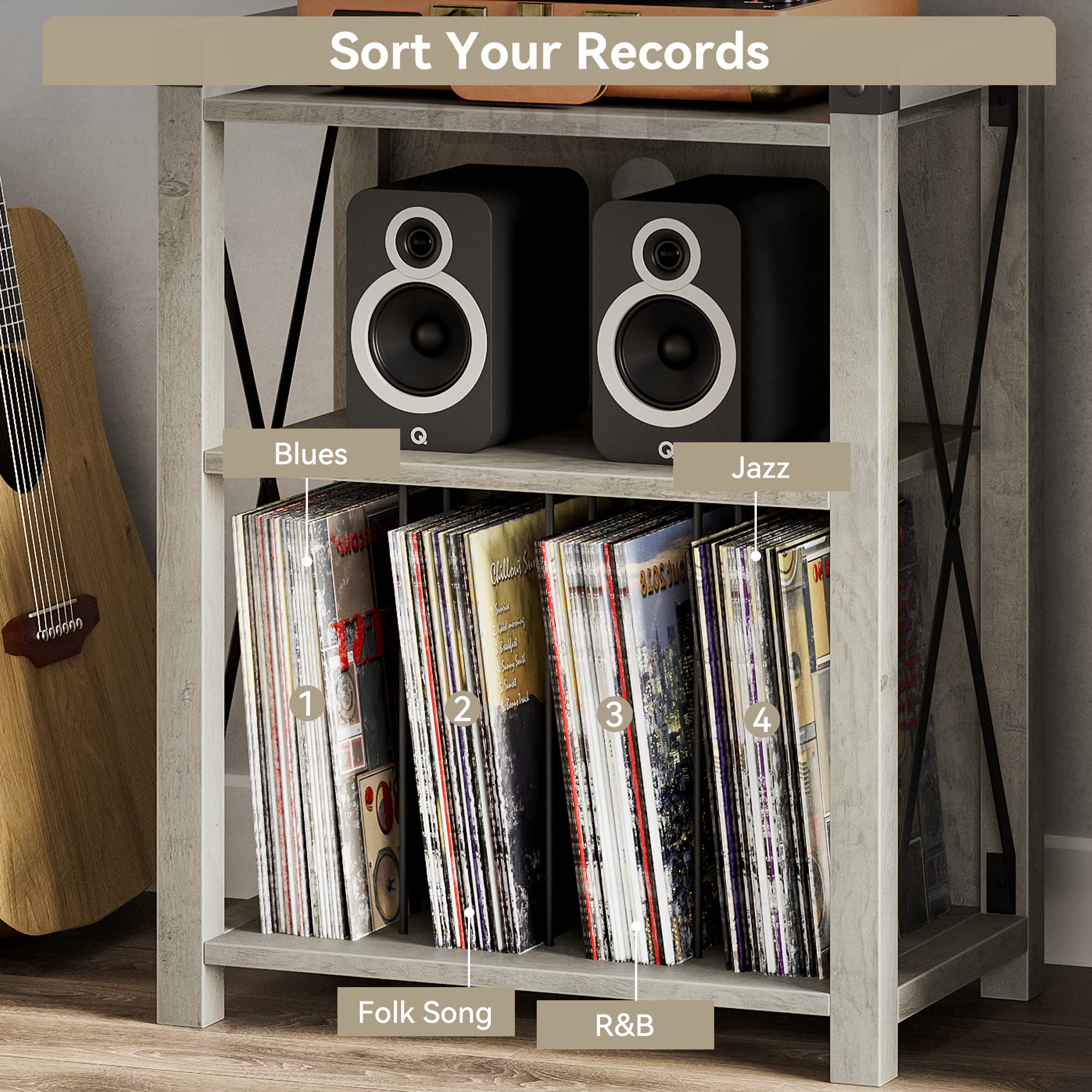 IDEALHOUSE Record Player Stand with Storage, Farmhouse Wooden Turntable Stand with X Metal Frame, 3-Tier Rustic Record Player Side Table for Living Room, Bedroom, Office - Grey