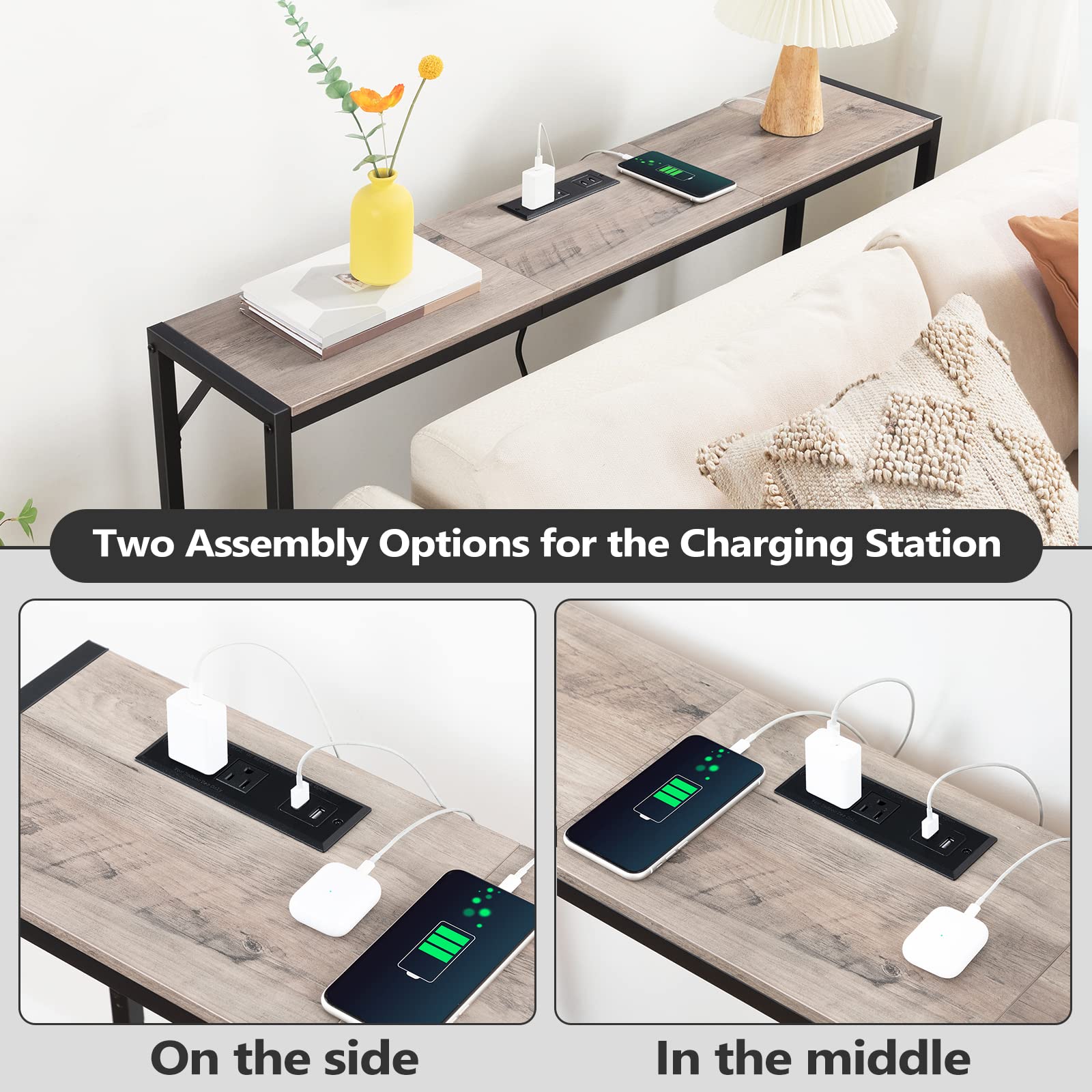 MAHANCRIS Sofa Table with Power Outlet, 43.7" Console Table with USB Ports, Behind Couch Table, Entryway Table for Living Room, Entryway, Foyer, Metal Frame, Adjustable Feet, Greige CTHG11E01Z1