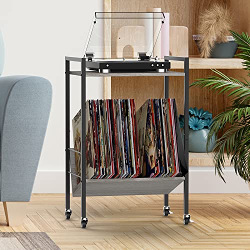 YBING Record Player Stand with Record Storage Vinyl Record Storage Table 2-Tier Turntable Stand Record Display Table with Wheels, Gray