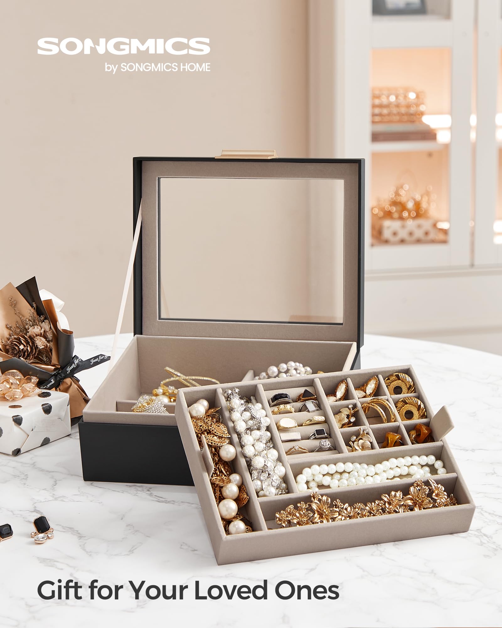 SONGMICS Jewelry Box with Glass Lid, 2-Layer Jewelry Organizer with Removable Tray, Jewelry Storage, Modern Style, Gift for Loved Ones, Graphite Black and Metallic Gold UJBC238B01