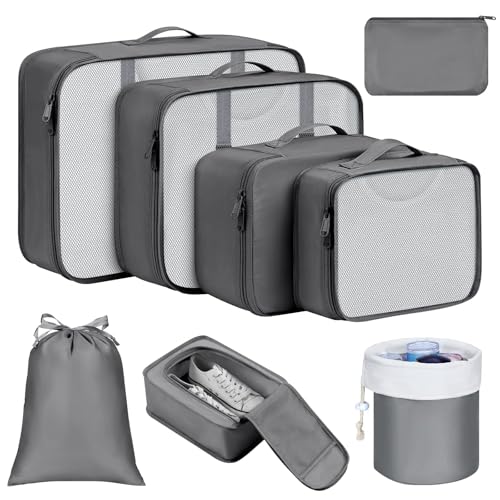 DIMJ Packing Cubes for Suitcase, Mesh Design Suitcase Packing Cubes Set Durable Travel Luggage Organizer, Lightweight Luggage Bags Organizers with Makeup Bag, Shoes Bag.(Grey)