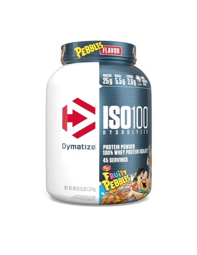 Dymatize ISO100 Hydrolyzed Protein Powder, 100% Whey Isolate , 25g of Protein, 5.5g BCAAs, Gluten Free, Fast Absorbing, Easy Digesting, Fruity Pebbles, 3 Pound