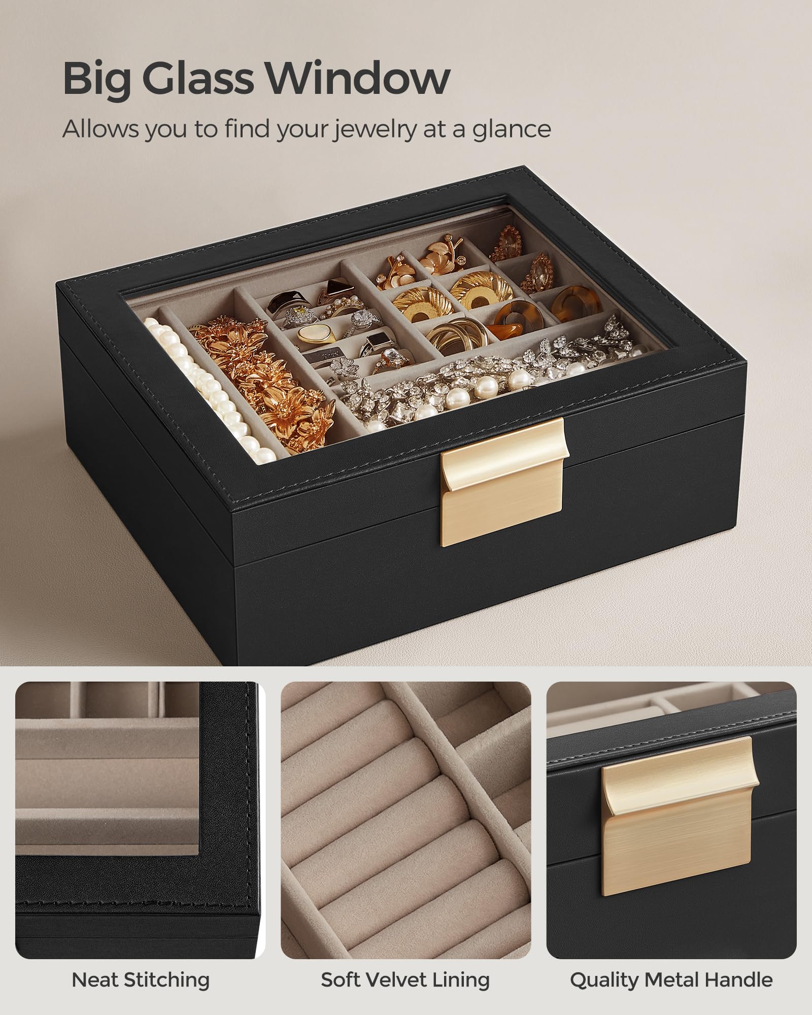 SONGMICS Jewelry Box with Glass Lid, 2-Layer Jewelry Organizer with Removable Tray, Jewelry Storage, Modern Style, Gift for Loved Ones, Graphite Black and Metallic Gold UJBC238B01