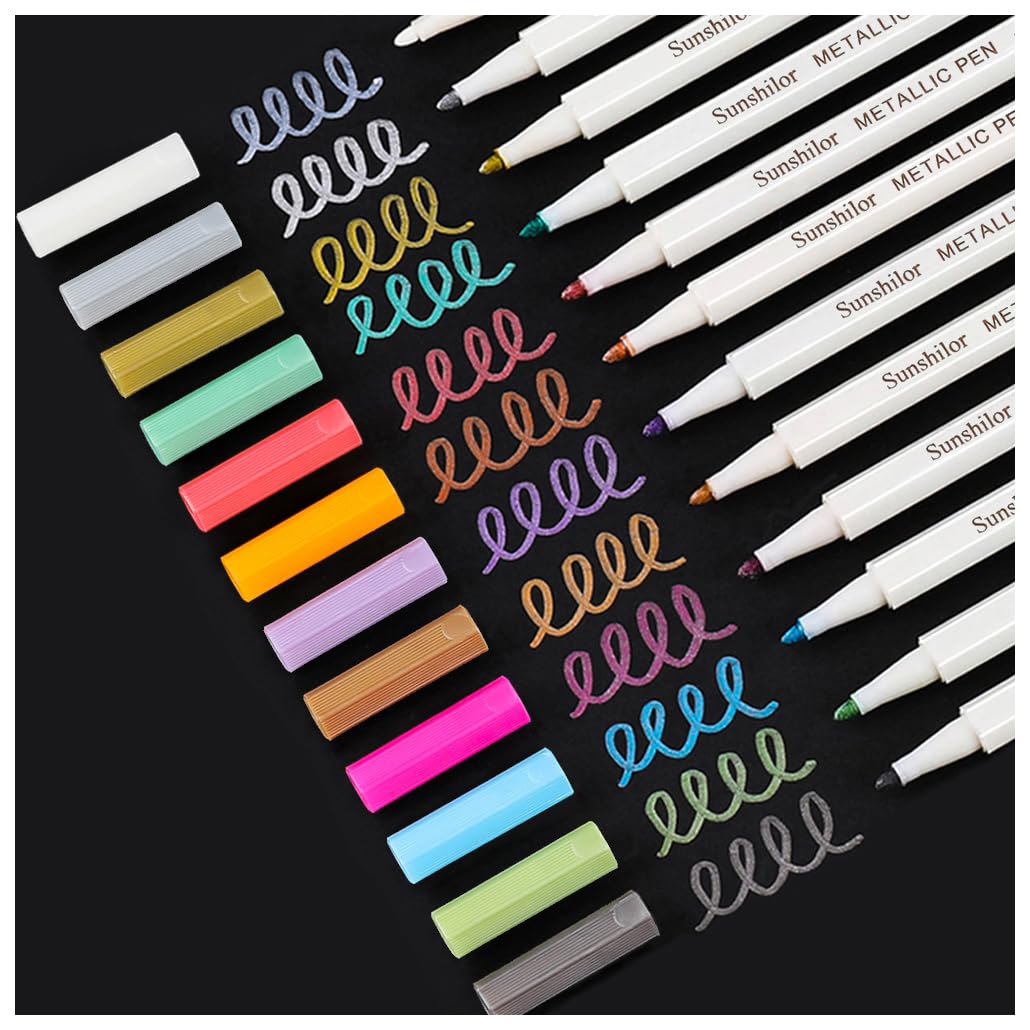 Sunshilor Metallic Markers Fine Point Metallic Marker Pens for Black Paper, Art Rock Painting, Easter Egg, Halloween Pumpkin, Card Making, Metal, Ceramics, Wine Glass, Set of 12
