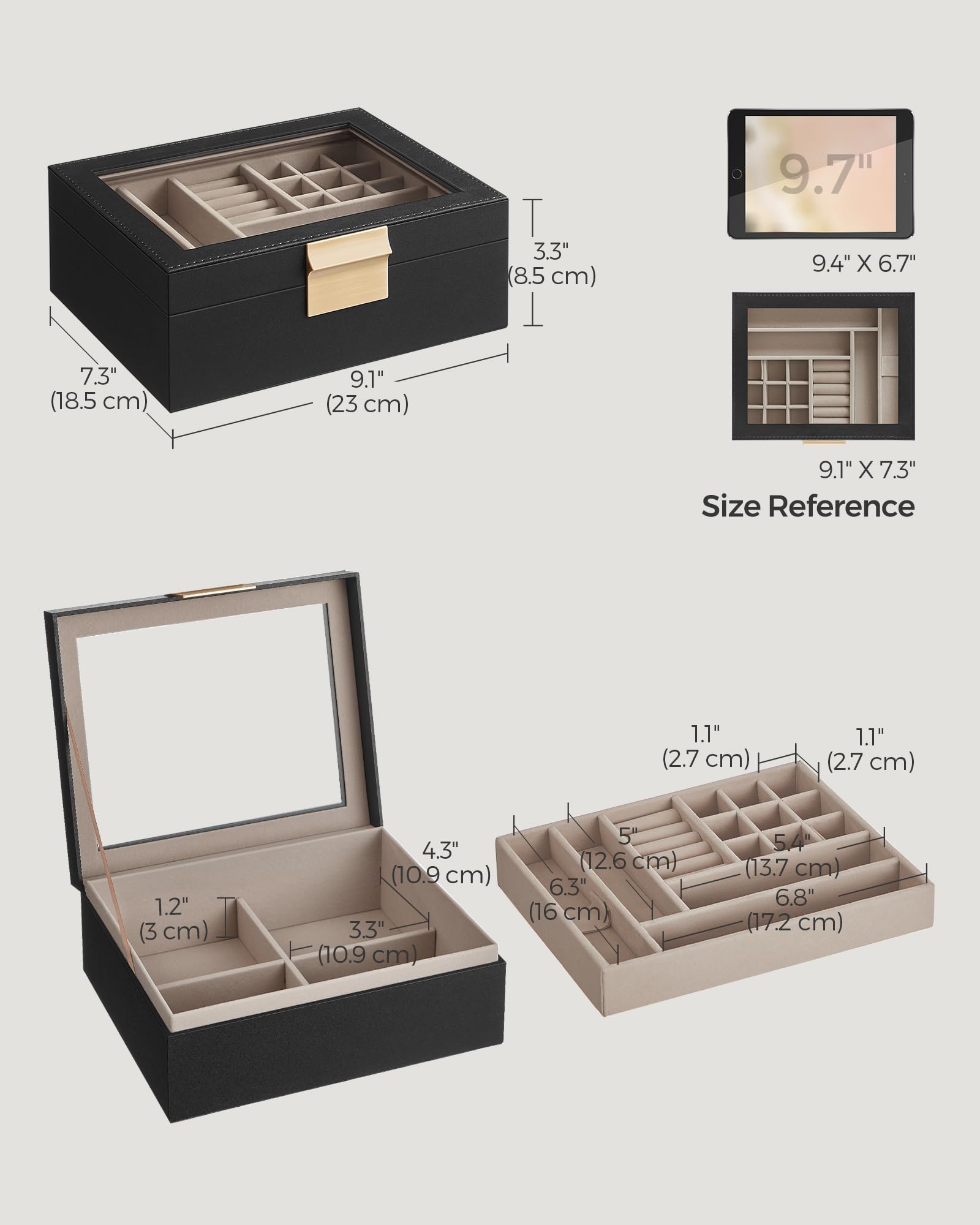 SONGMICS Jewelry Box with Glass Lid, 2-Layer Jewelry Organizer with Removable Tray, Jewelry Storage, Modern Style, Gift for Loved Ones, Graphite Black and Metallic Gold UJBC238B01