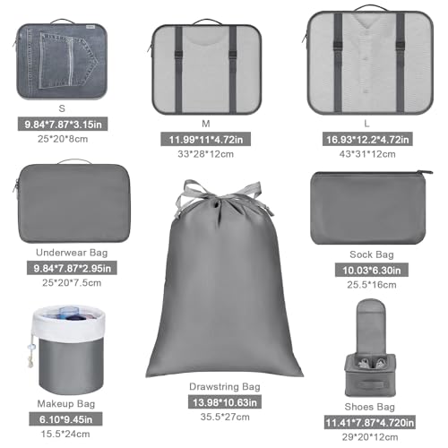 DIMJ Packing Cubes for Suitcase, Mesh Design Suitcase Packing Cubes Set Durable Travel Luggage Organizer, Lightweight Luggage Bags Organizers with Makeup Bag, Shoes Bag.(Grey)