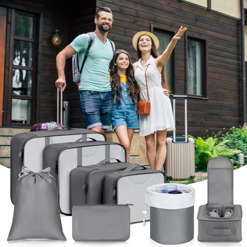 DIMJ Packing Cubes for Suitcase, Mesh Design Suitcase Packing Cubes Set Durable Travel Luggage Organizer, Lightweight Luggage Bags Organizers with Makeup Bag, Shoes Bag.(Grey)