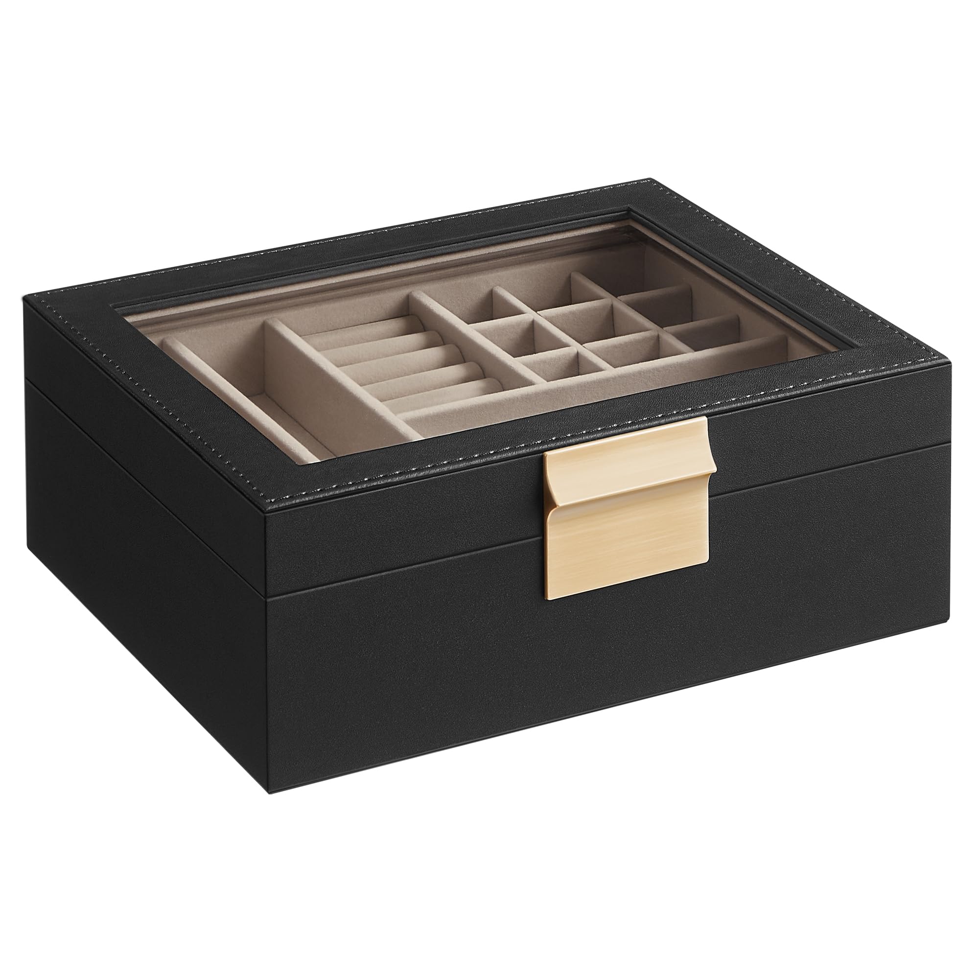 SONGMICS Jewelry Box with Glass Lid, 2-Layer Jewelry Organizer with Removable Tray, Jewelry Storage, Modern Style, Gift for Loved Ones, Graphite Black and Metallic Gold UJBC238B01