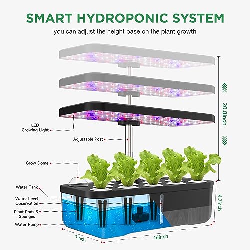 Hydroponics Growing System 12Pods, Indoor Herb Garden with LED Grow Light, Plants Germination Kit with Pump System, Automatic Timer, Adjustable Height for Home, Kitchen, Office (Black)