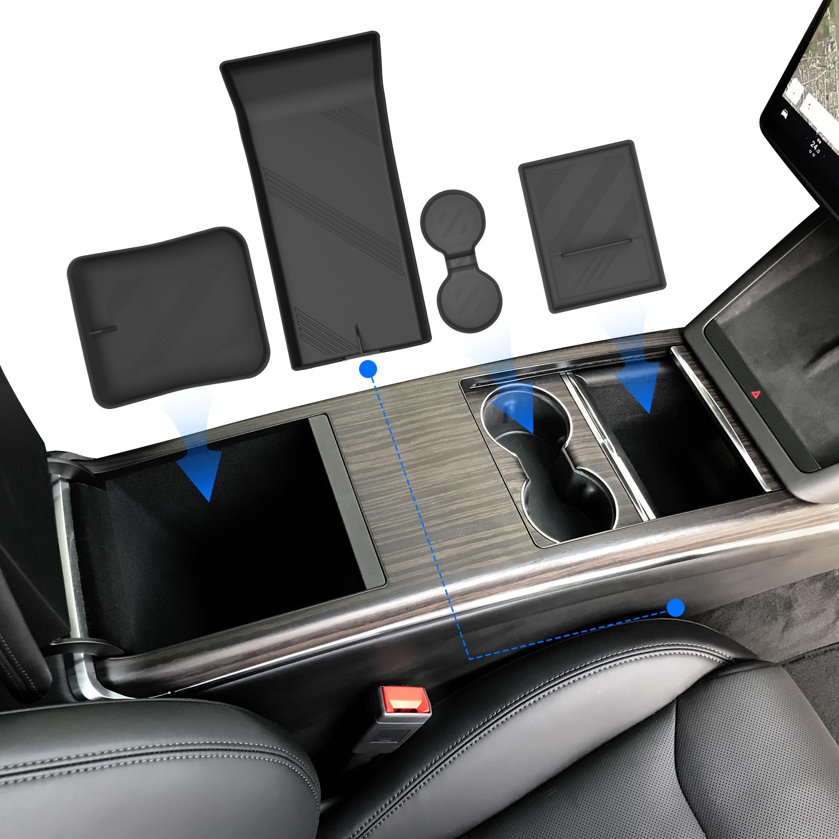 BEEGROW Cup Coaster, Upper & Lower Center Console Organizer Tray Pad and Armrest Storage Mat for 2024 2023 2022 Tesla Model X/S Accessories, Full Set Interior Insert Mats, Silicone Black