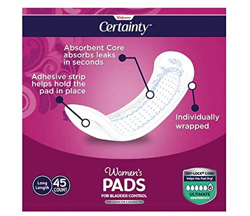 Walgreens Certainty Women's Bladder Control Pads Long Length Made for Your Naturally Soft Skin Thin Design for a Discreet fit 45 Pads