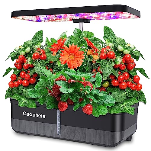Hydroponics Growing System 12Pods, Indoor Herb Garden with LED Grow Light, Plants Germination Kit with Pump System, Automatic Timer, Adjustable Height for Home, Kitchen, Office (Black)