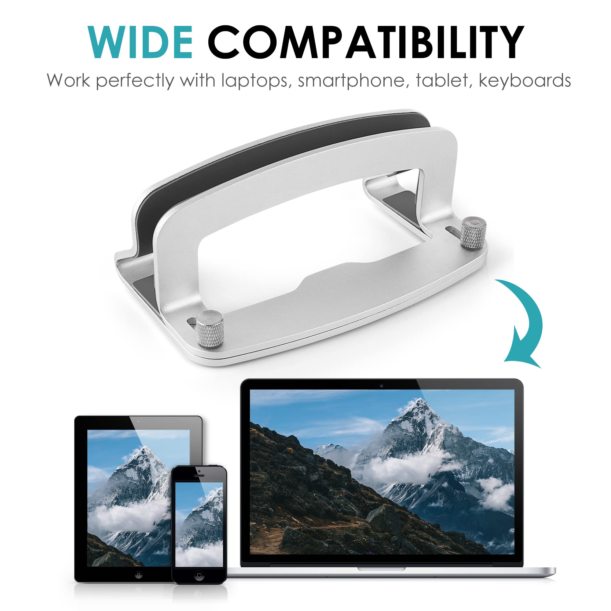 LOTEYIKE Aluminum Vertical Laptop Stand, MacBook Pro Laptop Vertical Stand Dock Holder with Adjustable Slot Fits All Laptops Notebook Tablets MacBook Air- Save Space & Improve Airflow, Silver