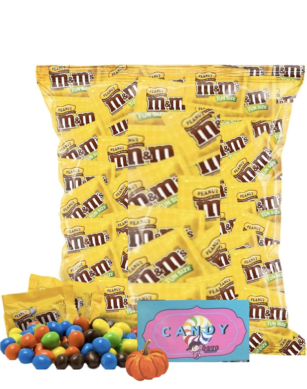 Peanut M&Ms Bulk Fun Size Halloween Mini Trick or Treat Snack Bag Pouches - 2 LBS, 3 Oz - Approx 50 Individually Wrapped Bags - Includes Fote Fridge Magnet