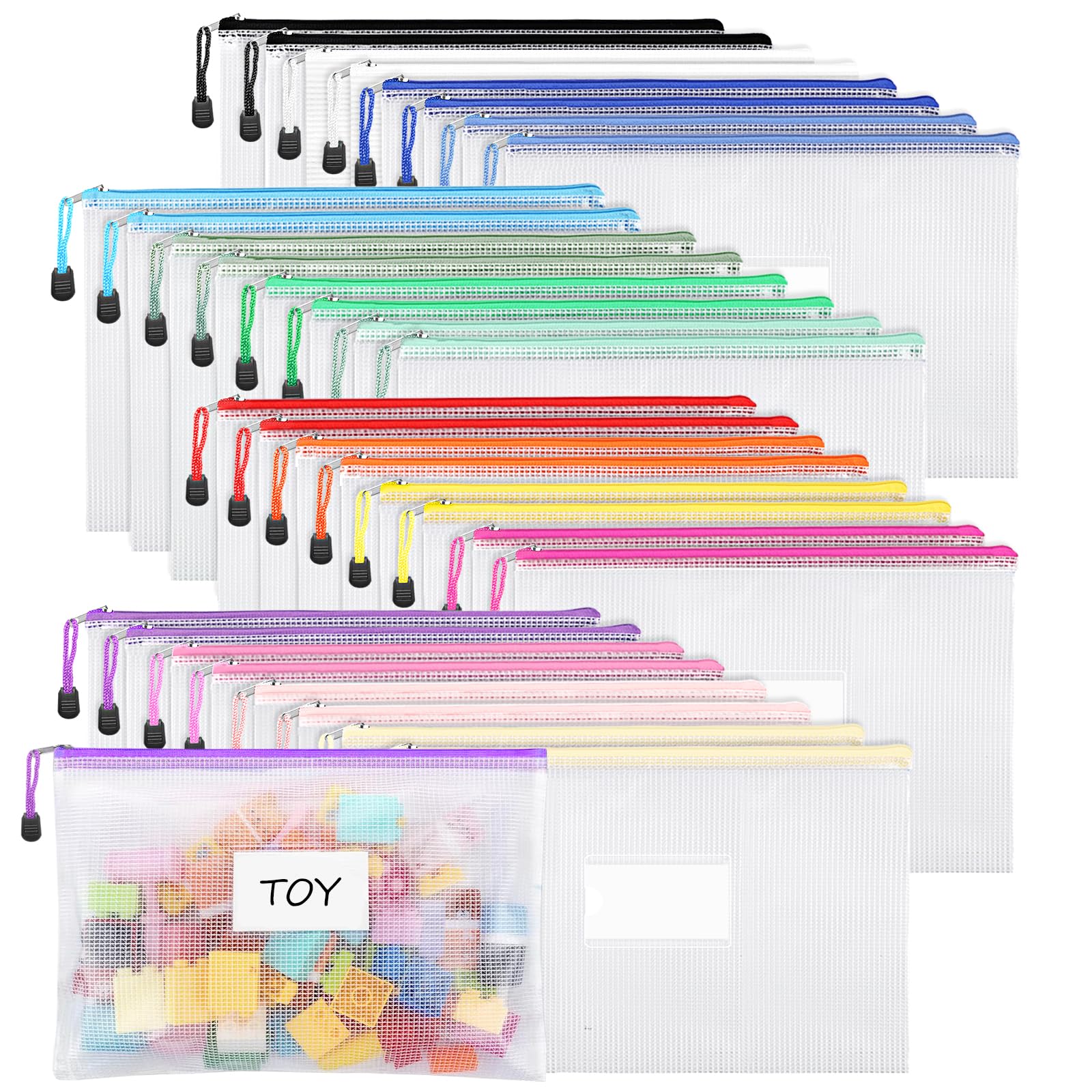EOOUT 32pcs Mesh Zipper Pouch, Letter Size, Zipper Bags, Document Bag with Label Pocket, Plastic Zip File Folders in 16 Colors, for Organizing, for School, Board Games and Office Supplies