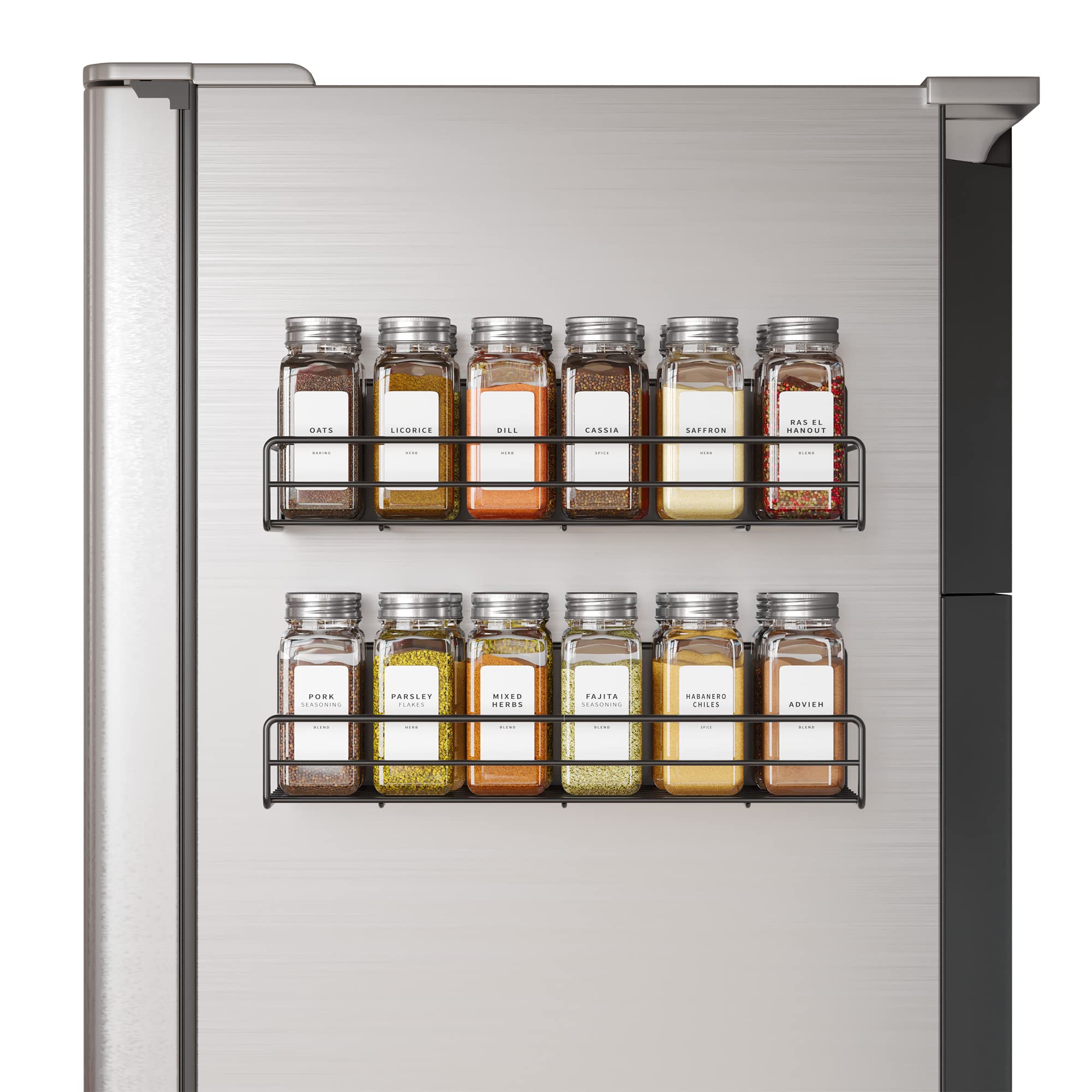 Neatsure 2 Pack Magnetic Spice Rack with 24 Spice Jars, 400 Spice Labels and Funnel, Alternative to Magnetic Spice Tins Containers, Refrigerator Fridge Shelf Organizer