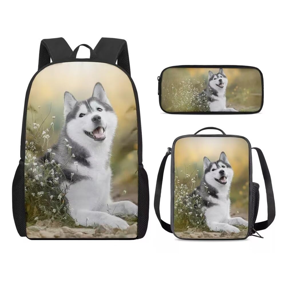 AmzPrint Cute Siberian Husky Dog Backpack For Kids Girls Lunch Bag For School 3 In 1 Back To School Class Backpacks Set