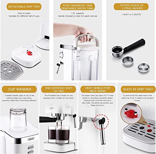 Gevi Espresso Machines 20 Bar Fast Heating Automatic Cappuccino Coffee Maker with Foaming Milk Frother Wand for Espresso, Latte Macchiato, 1.2L Removable Water Tank, 1350W, White