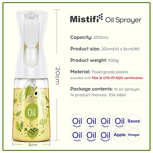 Mistifi Oliver Oil Sprayer for cooking, Spray bottle 6oz, Non-Aerosol Refillable Dispenser Oil Mister FS601 Green Vegetable