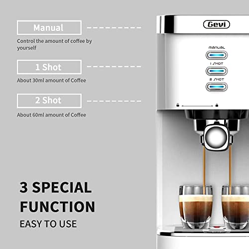 Gevi Espresso Machines 20 Bar Fast Heating Automatic Cappuccino Coffee Maker with Foaming Milk Frother Wand for Espresso, Latte Macchiato, 1.2L Removable Water Tank, 1350W, White