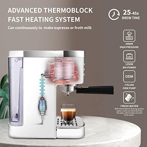 Gevi Espresso Machines 20 Bar Fast Heating Automatic Cappuccino Coffee Maker with Foaming Milk Frother Wand for Espresso, Latte Macchiato, 1.2L Removable Water Tank, 1350W, White