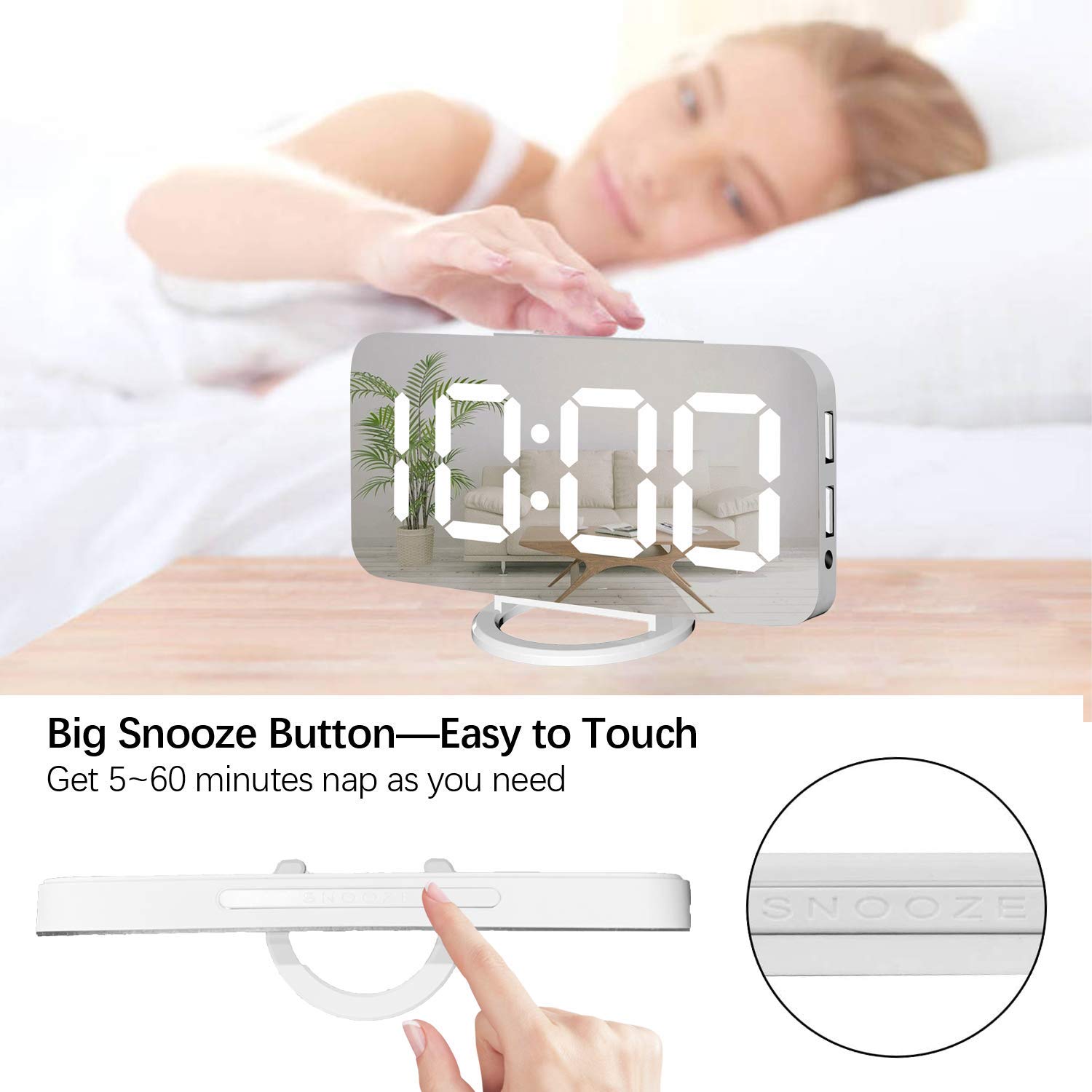 Miowachi Digital Alarm Clock,Large Mirrored LED Clock,Snooze,Dim Night Light 2 USB Charger Ports Desk Alarm Clocks for Bedroom Decor (White)