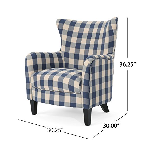 Christopher Knight Home Oliver Farmhouse Armchair, Checkerboard, Polyester and Birch Wood, Blue Floral