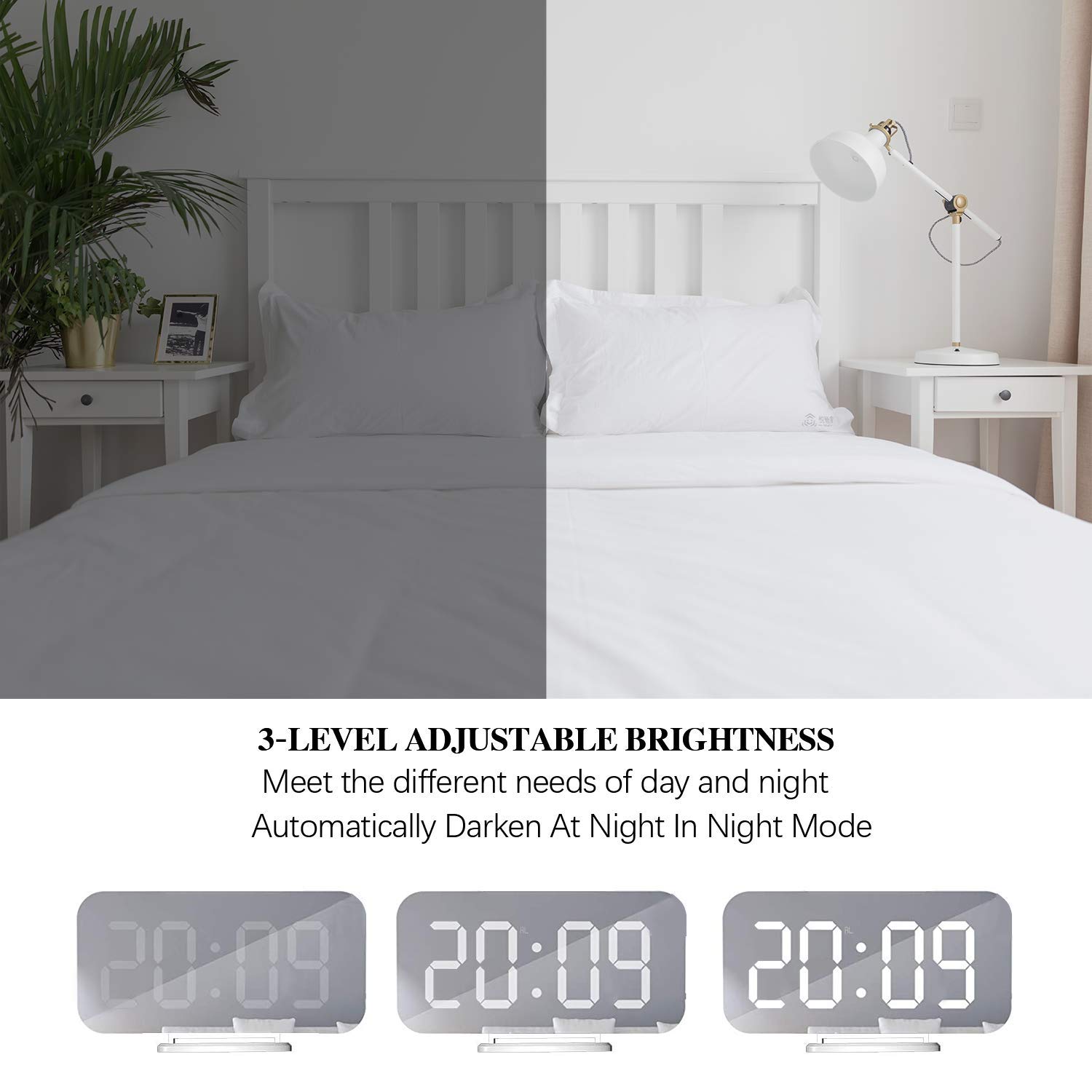Miowachi Digital Alarm Clock,Large Mirrored LED Clock,Snooze,Dim Night Light 2 USB Charger Ports Desk Alarm Clocks for Bedroom Decor (White)