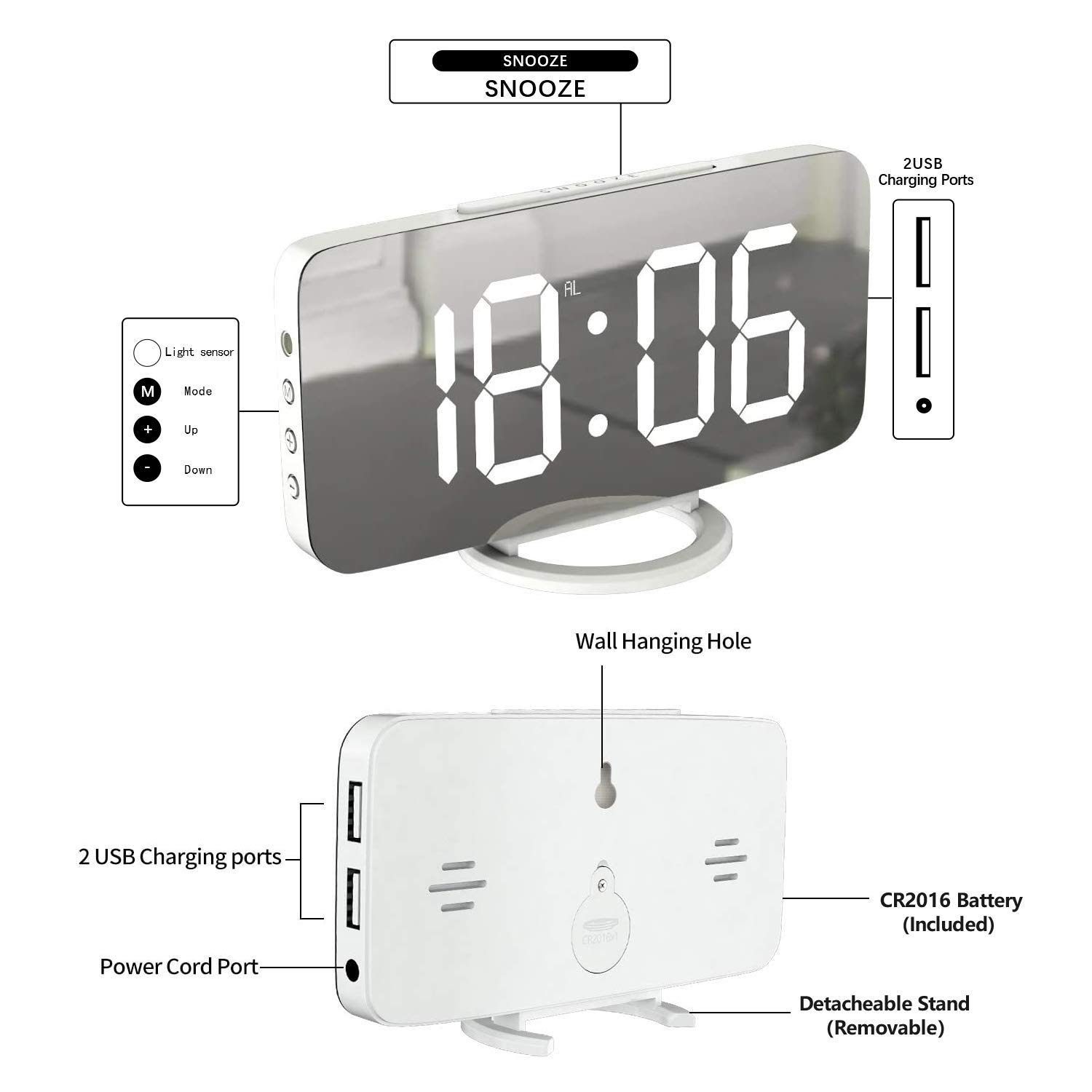 Miowachi Digital Alarm Clock,Large Mirrored LED Clock,Snooze,Dim Night Light 2 USB Charger Ports Desk Alarm Clocks for Bedroom Decor (White)