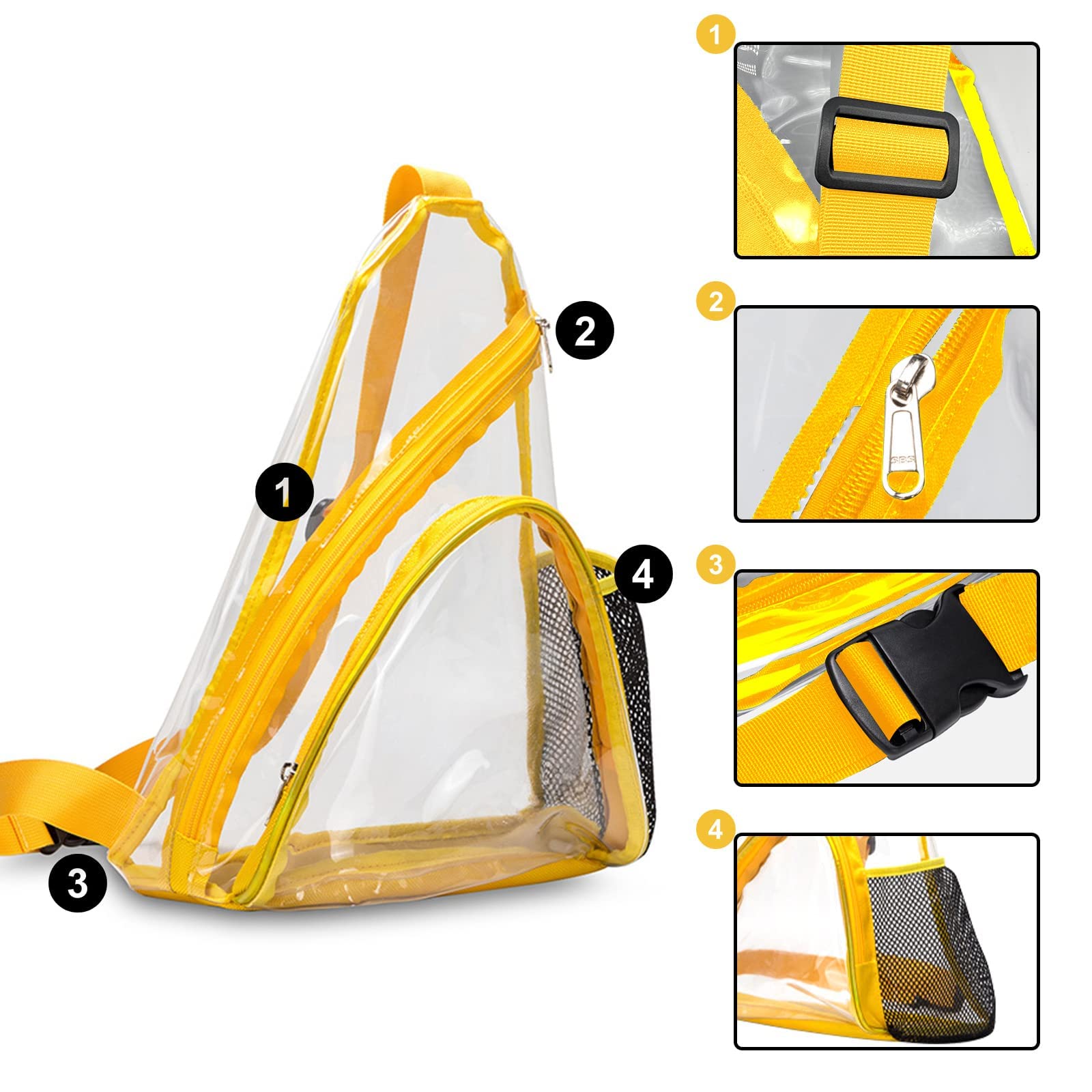 Clear Sling Bag, Stadium Approved Small PVC Shoulder Crossbody Backpack, Transparent Casual Chest Daypack for Hiking, Travel, Concerts, Yellow