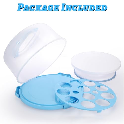 BSTKEY Portable Cake Carrier with Lid and Handle, Cake Turntable + Cupcake Storage Tray for Transport, 10" Round Cake Container Holder with Two Sided Base for Pies Nuts Fruit Cookies, Blue