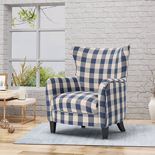 Christopher Knight Home Oliver Farmhouse Armchair, Checkerboard, Polyester and Birch Wood, Blue Floral