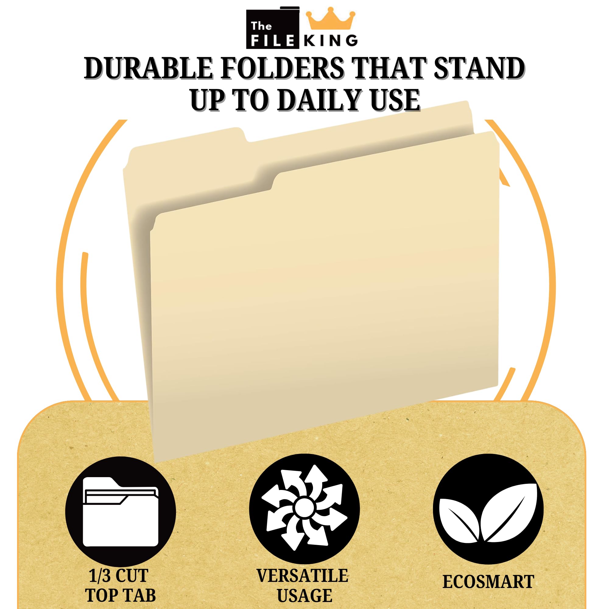 The File King 1/3-Cut Top Tab Manila File Folder - Letter Size | Box of 100 | Made in America | Assorted Tab Positions | 11-Point Fiber | Organize Home & Office Papers
