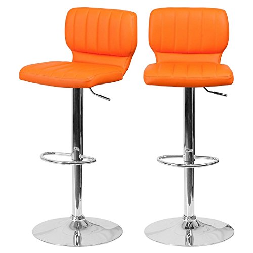 KLS Modern Barstools Adjustable Hydraulic 360 Degree Swivel Stable Steel Frame Padded Vinyl Cushion Low Back Seat Design Dining Chair Pub Stool - Set of 2 Orange # 1969