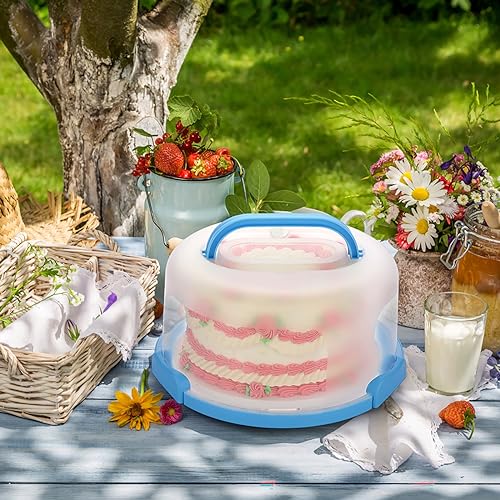 BSTKEY Portable Cake Carrier with Lid and Handle, Cake Turntable + Cupcake Storage Tray for Transport, 10" Round Cake Container Holder with Two Sided Base for Pies Nuts Fruit Cookies, Blue