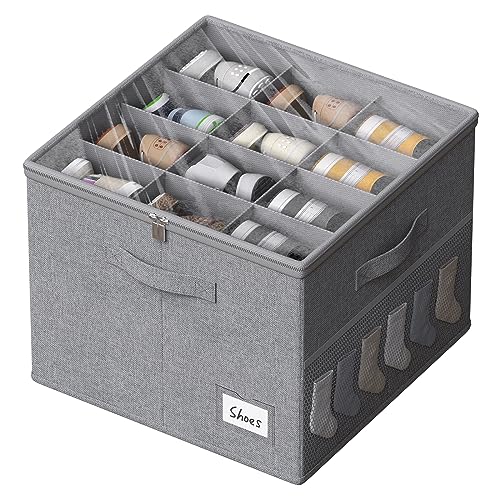 Shoe Organizer for Closet with Fabric Shoe Storage Bins - Clear Cover, Adjustable Dividers, and Foldable Bottom Support for 12 Pairs in Clear Storage Containers (Grey, (15.7 * 15.4 * 12.6) x1)