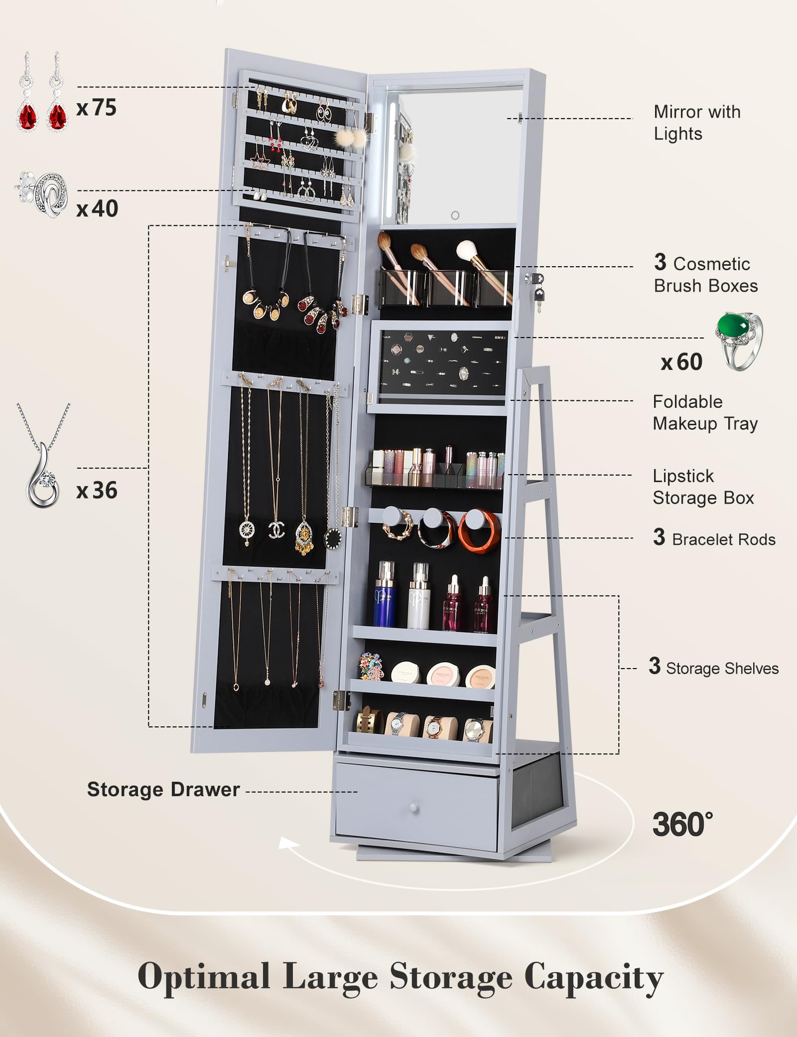 Nicetree 360° Swivel Jewelry Cabinet with Lights, Touch Screen Vanity Mirror, Rotatable Full Length Mirror with Jewelry Storage, Standing Jewelry Armoire Organizer, Foldable Makeup Shelf,Gray